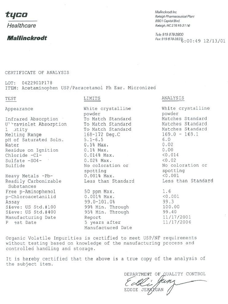 Acetaminofen Micronizado (Paracetamol) - CoA (Mallinckrodt) | PDF