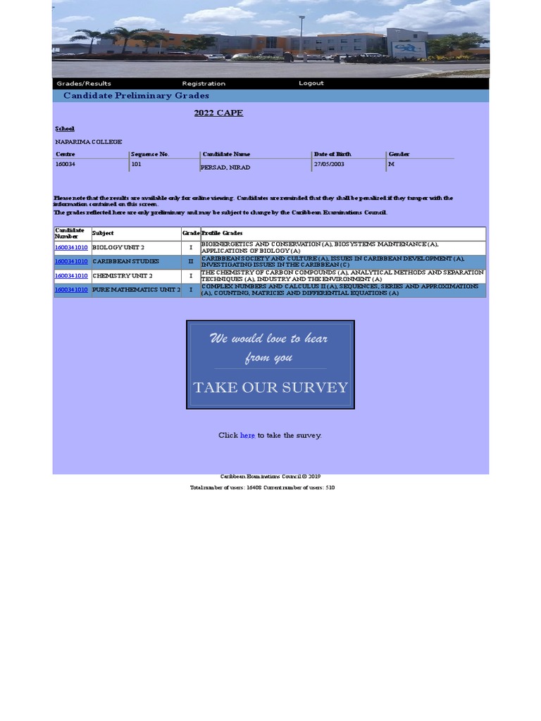 CXC Student Portal - Candidate Grades | PDF