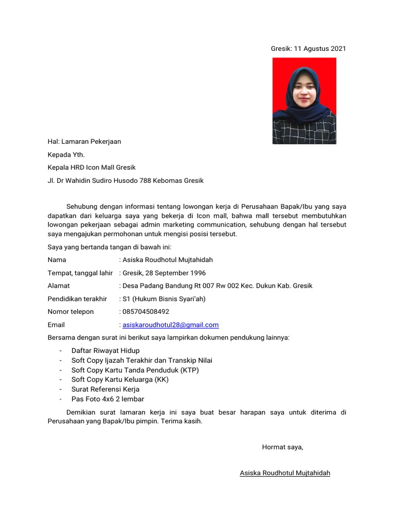 Surat Lamaran Kerja Admin Marcomm Icon Mall Gresik - Compressed | PDF Surat Lamaran Kerja Admin Marcomm Icon Mall Gresik - Compressed | PDF