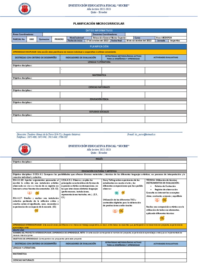 Planificación Microcurricular 8vo ECA | PDF | Aprendizaje | Método de ...