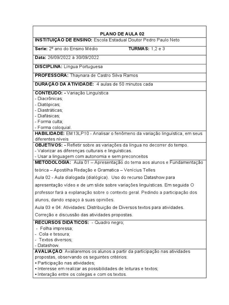 PLANO DE AULA Segundo Ano | PDF