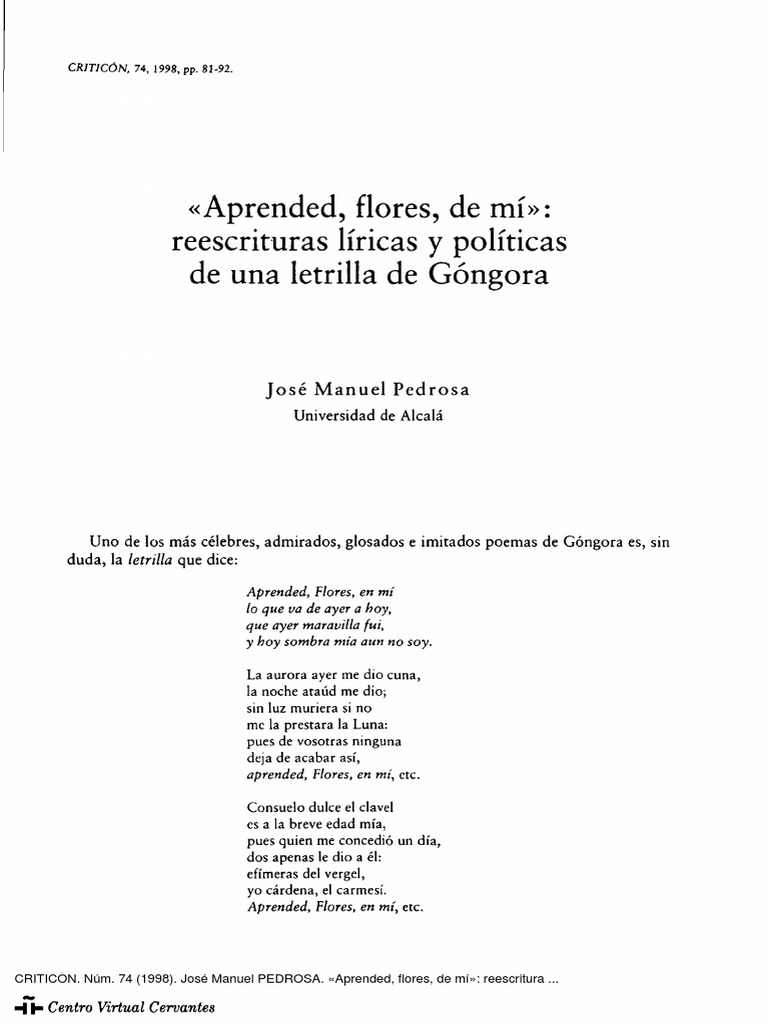 Aprended, Flores, de Mí : Reescrituras Líricas y Políticas de Una ...