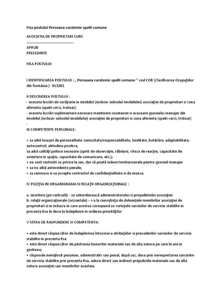 Fisa Postului Personal Curatenie | PDF