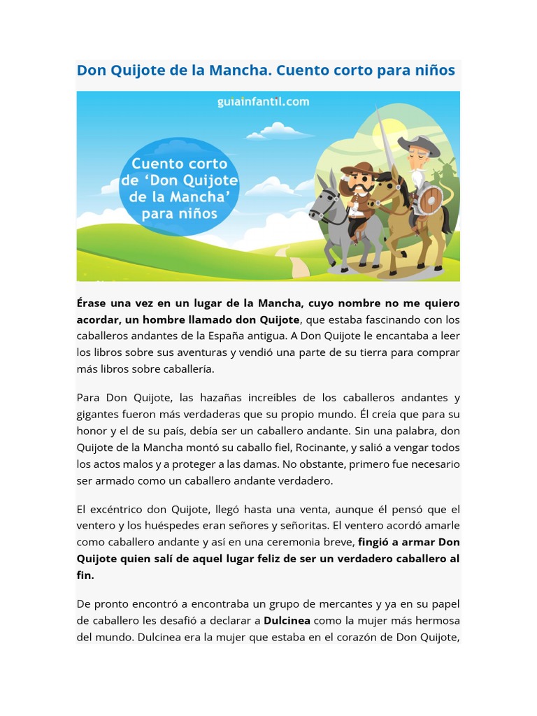 Don Quijote de la Mancha - cuento corto para niños | PDF | Don Quijote | Caballero