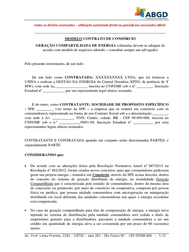 Contrato Geracao Compartilhada - Modelo Consorcio v1 | PDF | Arbitragem | Consórcio