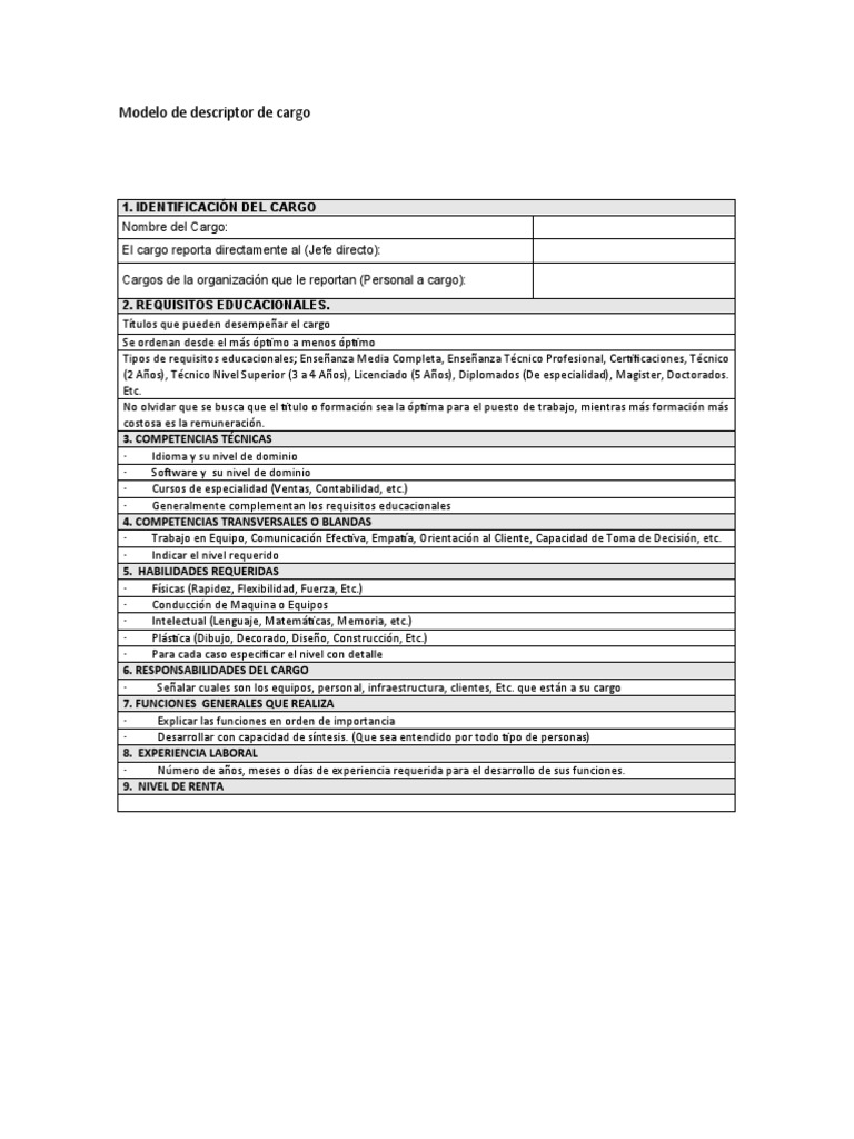 Modelo de Descriptor de Cargo | PDF