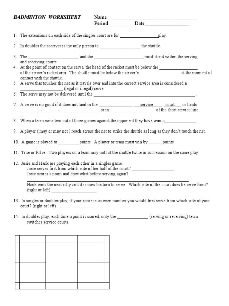 Badminton Worksheet | PDF