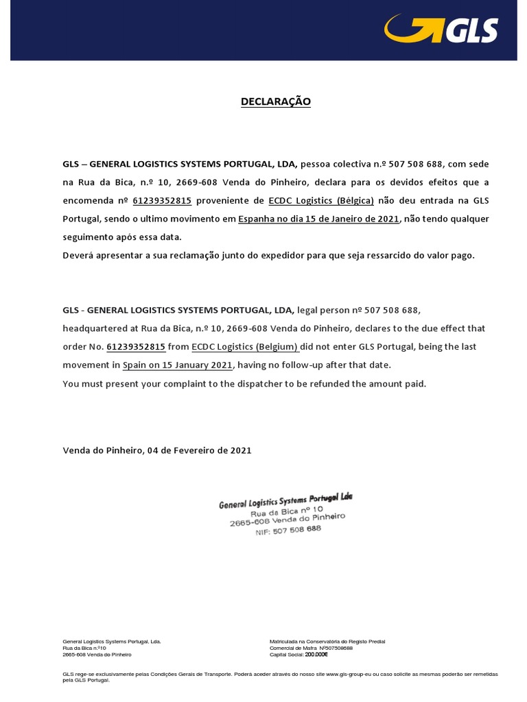 Declaração: GLS - GENERAL LOGISTICS SYSTEMS PORTUGAL, LDA, Pessoa ...