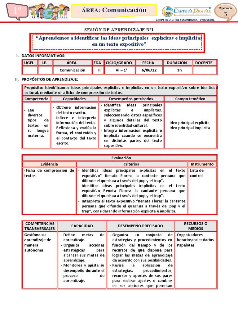 1° Sesión de Aprendizaje Sesión1-Sem.1-Exp.3-Comunicación | PDF | Aprendizaje | Maestros