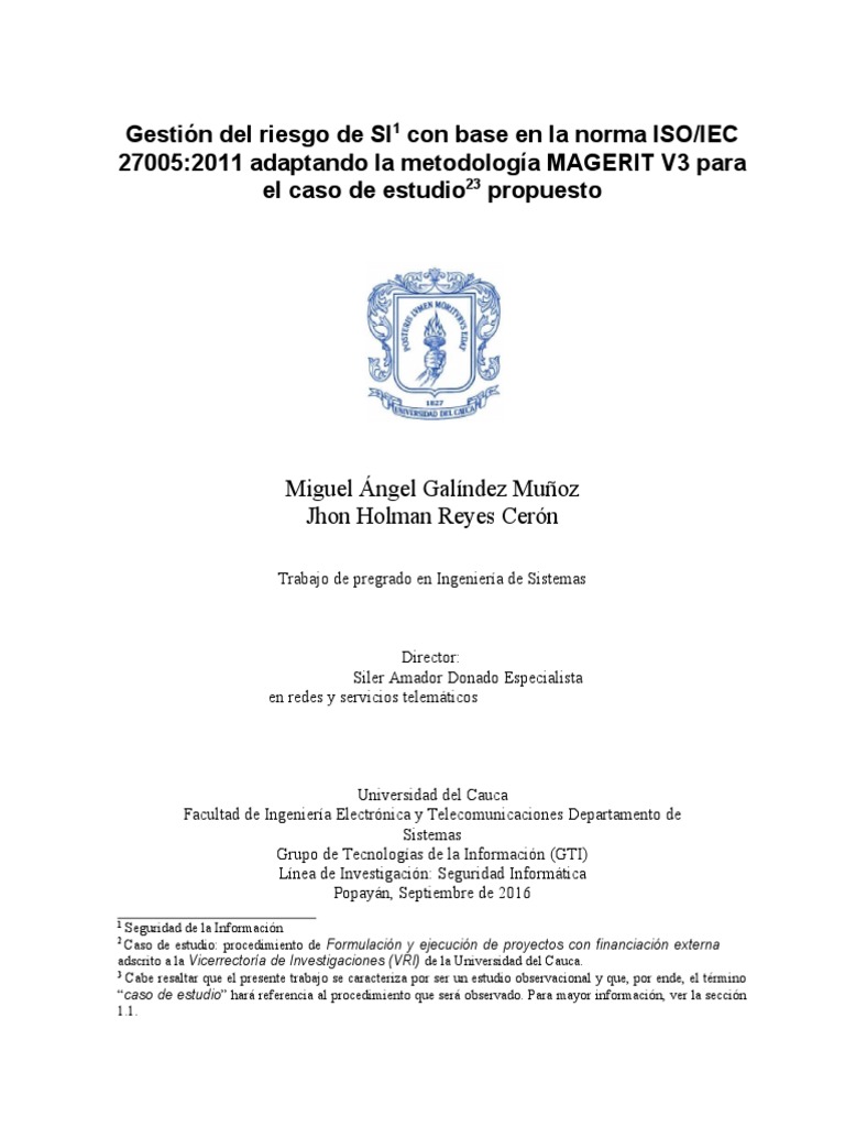 Gestión Del Riesgo de Si Con Base en La Norma Iso Iec 27005 Adaptando La Metodología Magerit V3 ...