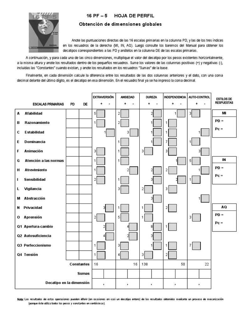 Hoja de perfil del 16PF: una guía paso a paso para obtener las dimensiones globales del perfil ...