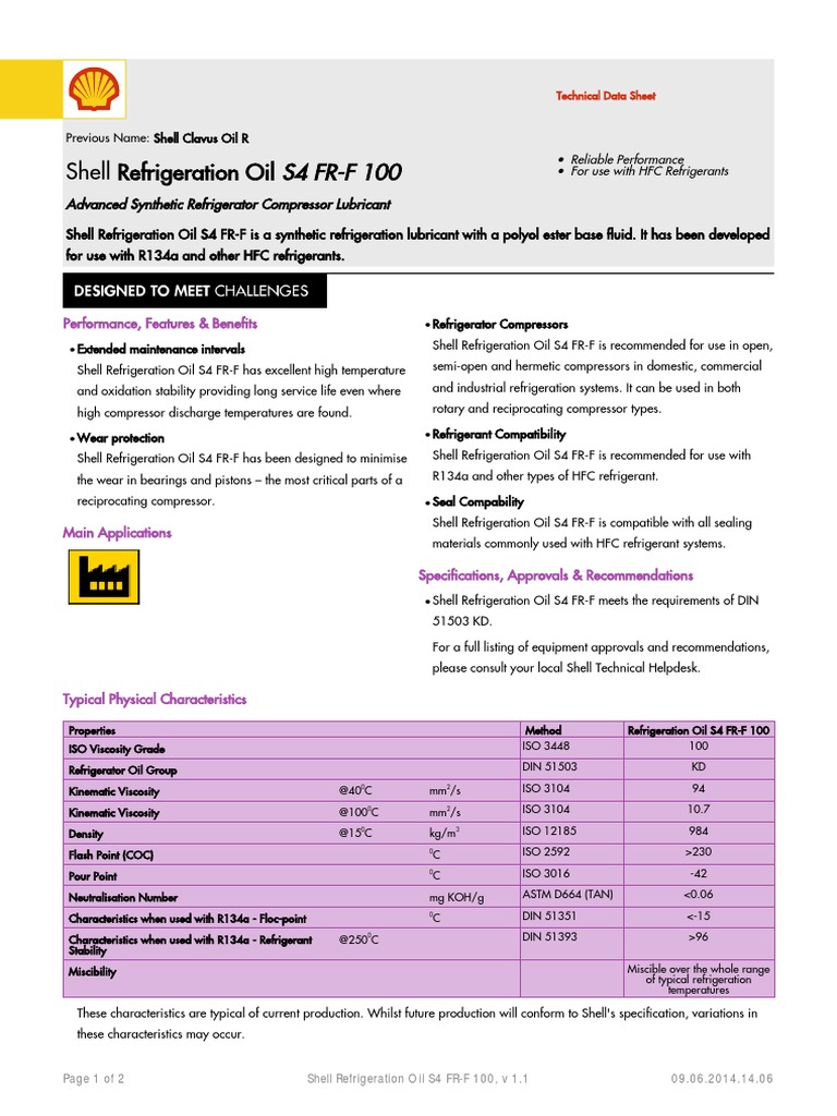 Shell Refrigeration Oil S4 FR-F 100 TDS | PDF | Lubricant | Chemistry