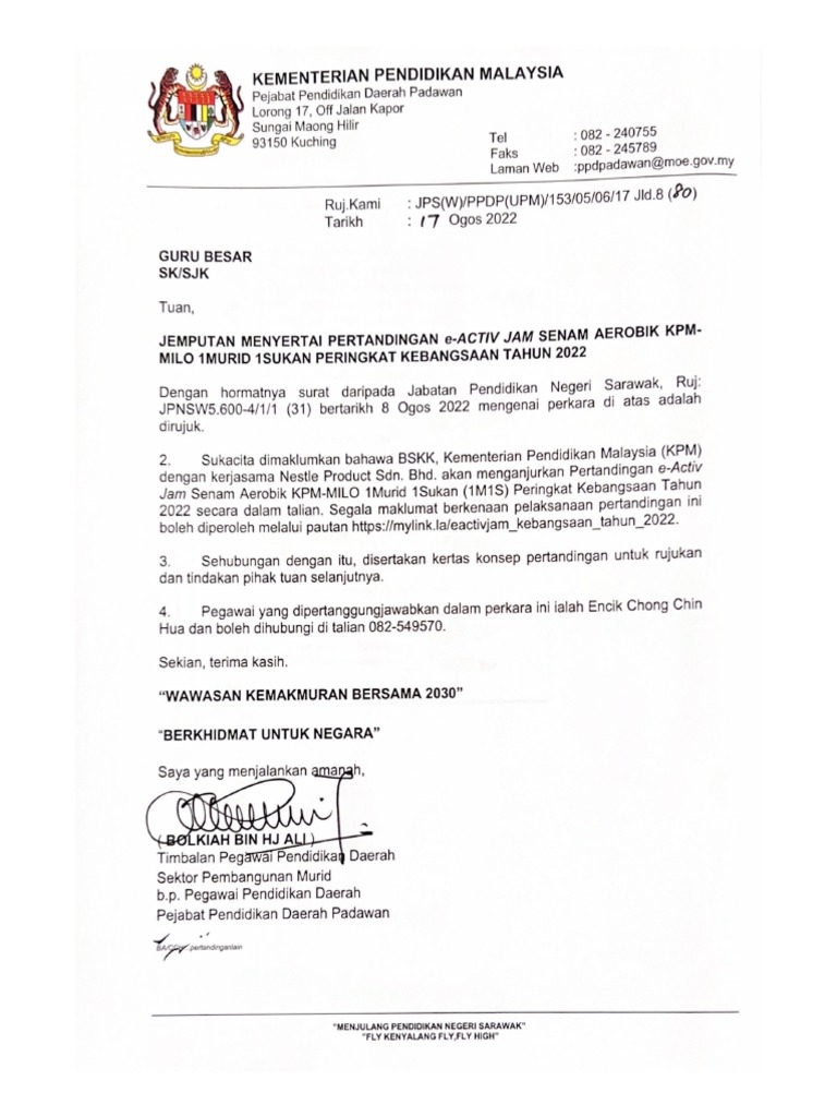 Surat Jemputan Pertandingan e ACTIV Jam Senam Aerobik KPM MILO | PDF