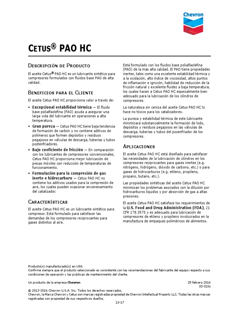 Cetus PAO HC | PDF | Lubricante | Ingeniería de Procesos Químicos
