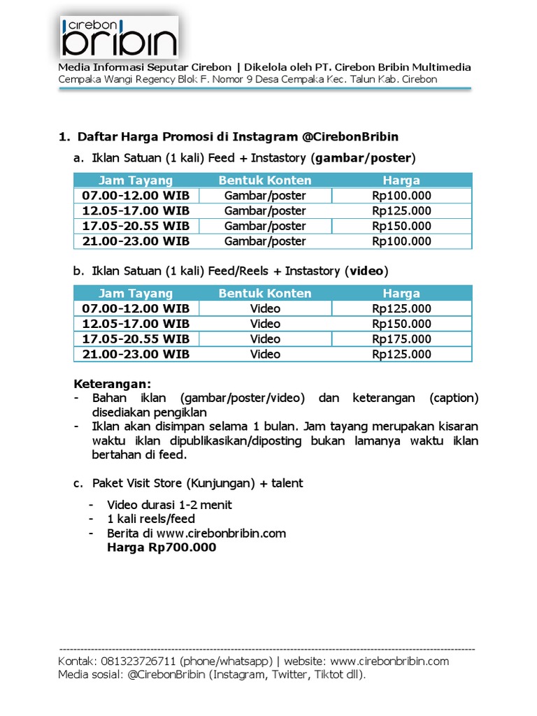 Price List Promosi Instagram Cirebon Bribin | PDF