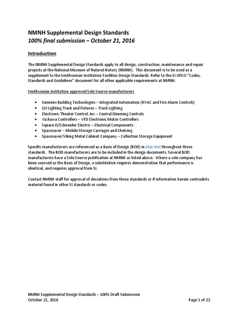 NMNH Supplemental Design Standards 20161 | PDF | Duct (Flow) | Fire ...