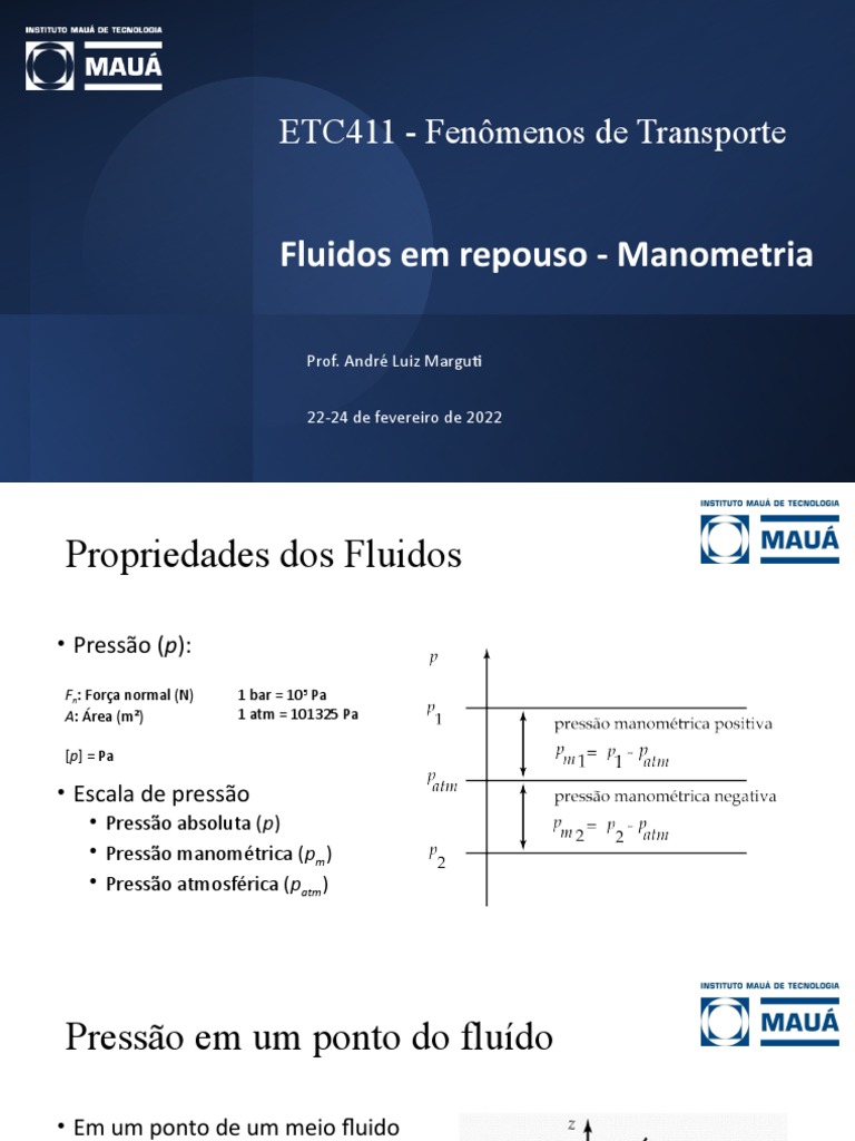 ETC411 Aula02 Manometria | PDF | Pressão | Medição de pressão