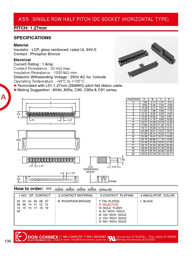 Comprehensive Specifications and Dimensional Drawings for A55 Single Row Half Pitch IDC Socket ...