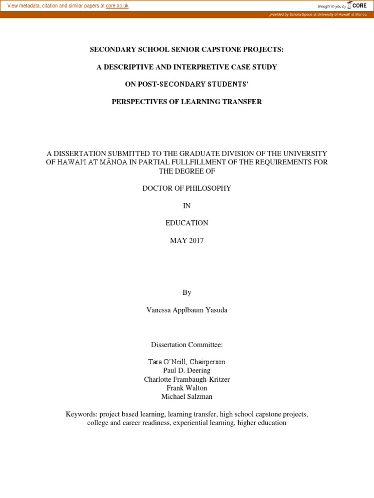 Secondary School Senior Capstone Projects: A Descriptive and Interpretive Case Study On Post ...