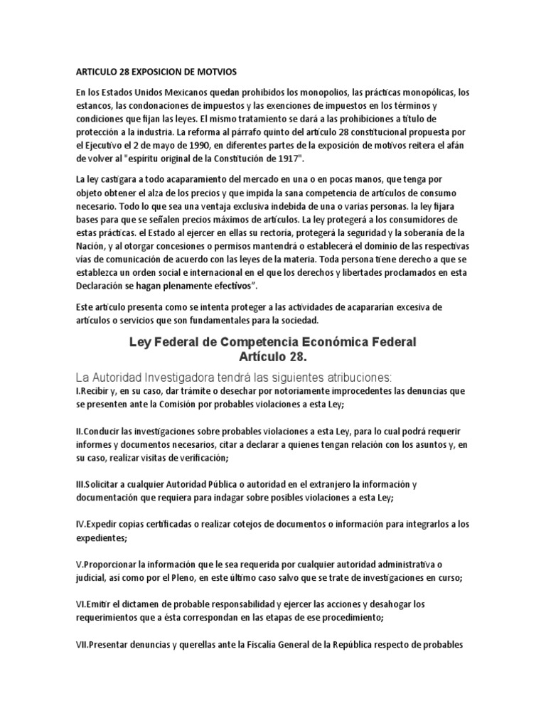 Articulo 28 Exposicion de Motvios | PDF | Monopolio | Gobierno