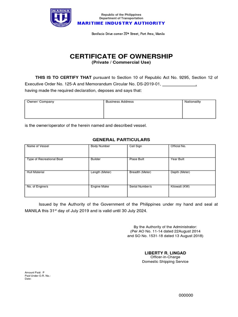 Certificate of Boat Ownership Philippines | PDF | Water Transport ...