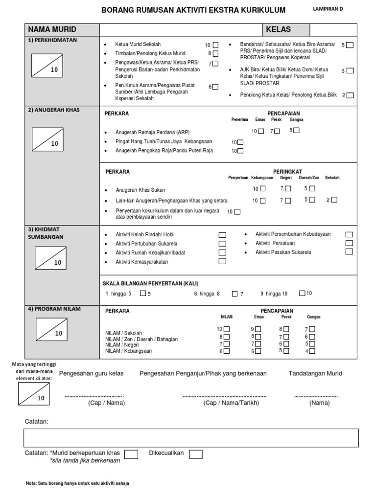 Borang Rumusan Aktiviti Ekstra Kurikulum Wwwsiseduswkmysjkcthianchinpdfcontonhborongpajskpdf | PDF