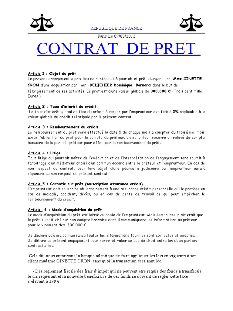 Contrat de Prêt d'Argent 300.000 € | PDF | Crédit | Finance et gestion ...