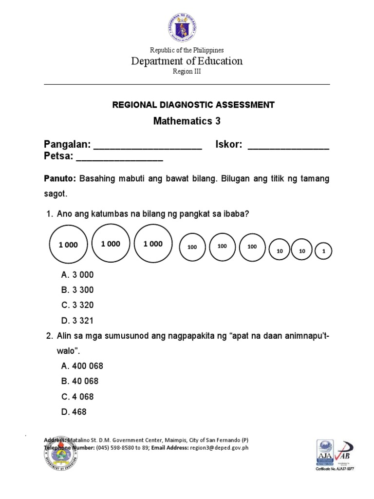 Regional Diagnostic Assessment Math 3 | PDF