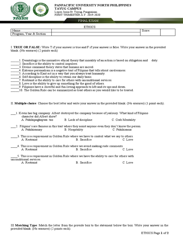 Gec 7 Ethics Prelim Exam Pdf Disciplines Social Institutions