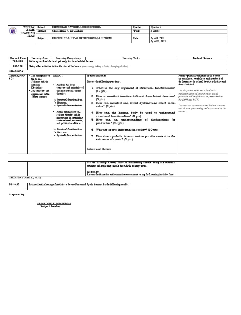 DISS 1ST QUARTER Week 5-7 | PDF | Learning | Social Sciences