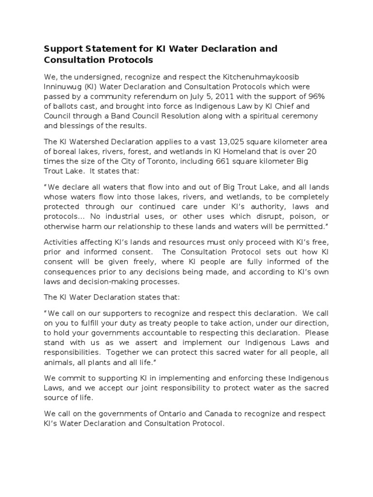 KI Water Declaration Support Statement | PDF | Treaty | Canada