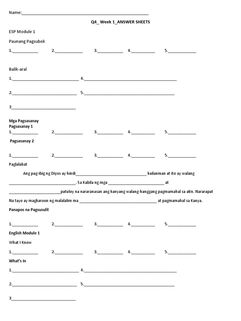 Q4 Week 1 Answer Sheets | PDF