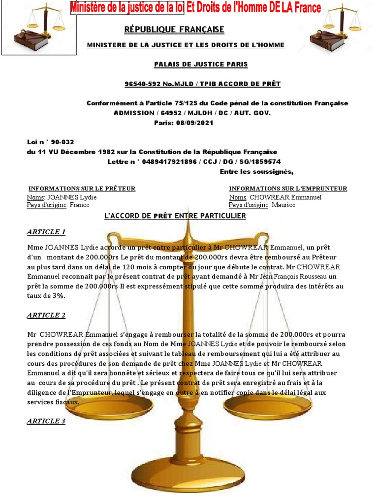 Prêt Particulier: Accord et Conditions | PDF | Prêts | Justice