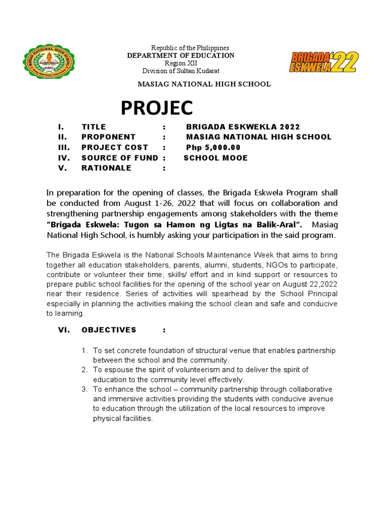Brigada Eskwela 2022 Project Plan | PDF | Volunteering