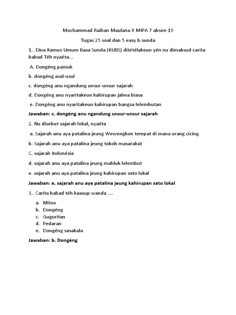 Basa Sunda 20 Soal PG + Easy Jawaban Carita Babad | PDF