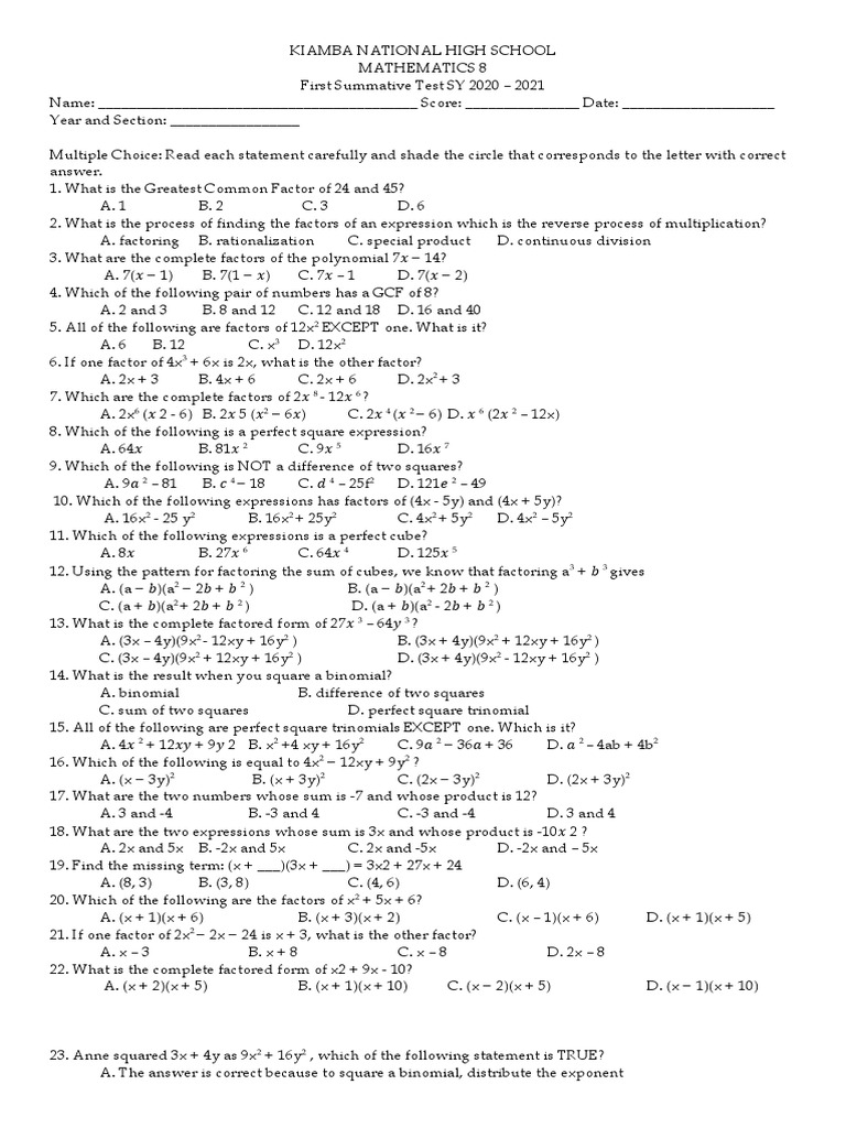 Math 8 Summative Test With TOS | PDF | Mathematics | Algebra