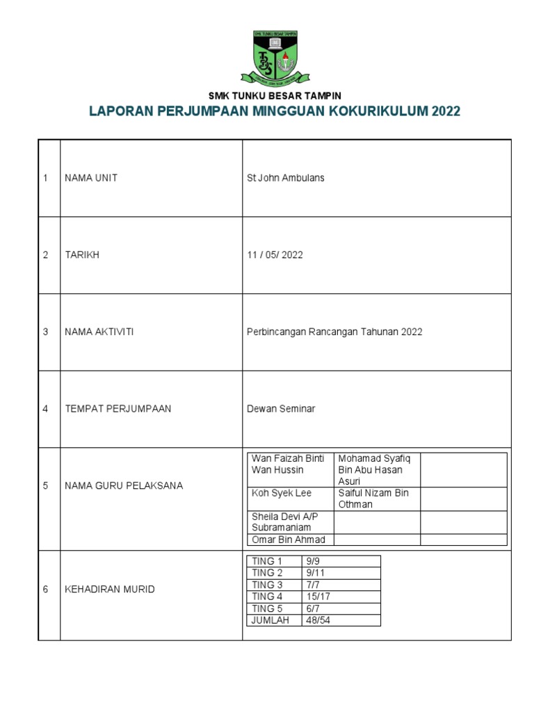 Laporan Perjumpaan Mingguan ST John Ambulans | PDF
