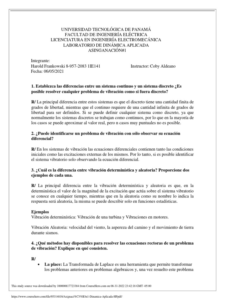 Asignaci N 1 Dinamica Aplicada HF PDF | PDF | Oscilación | Resonancia