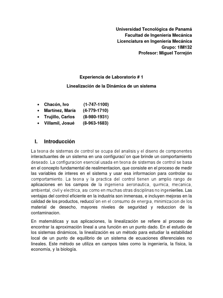 Lab 1 Linealizacion de La Dinamica de Un Sistema IC - MM JV CT PDF | PDF | Linealidad | Ecuaciones