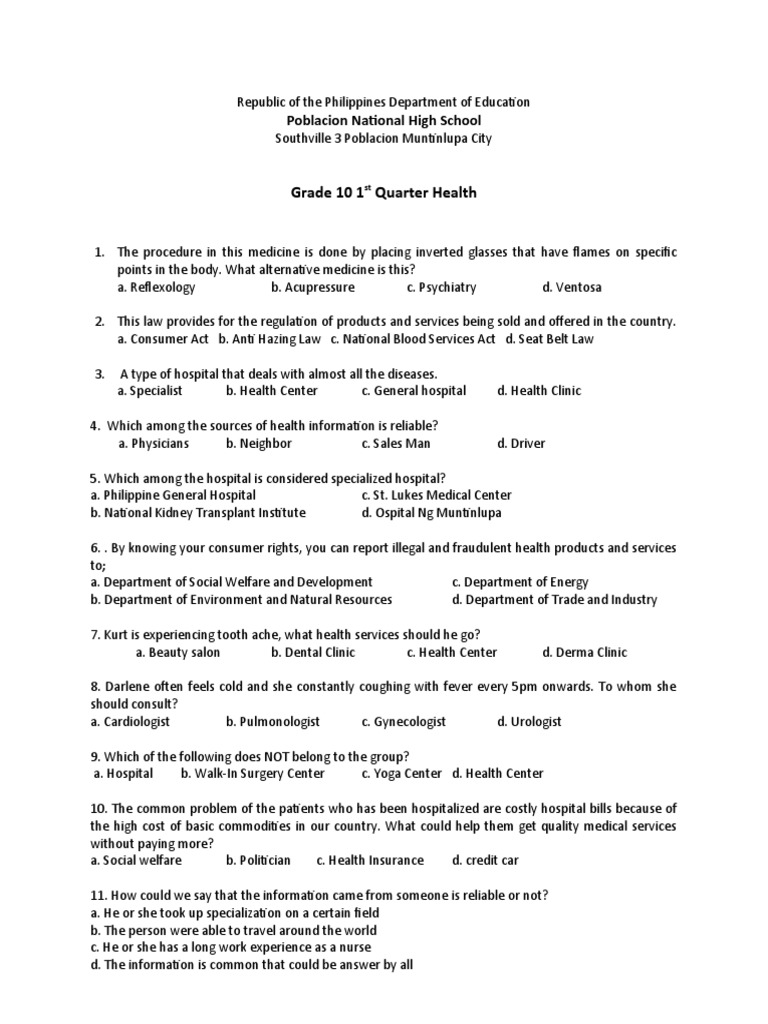 Grade 10 1ST Q Health Exam | PDF | Hospital | Medicine