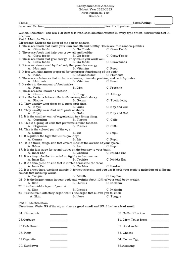 GR. 1 Science Long Test | Download Free PDF | Foods | Ear