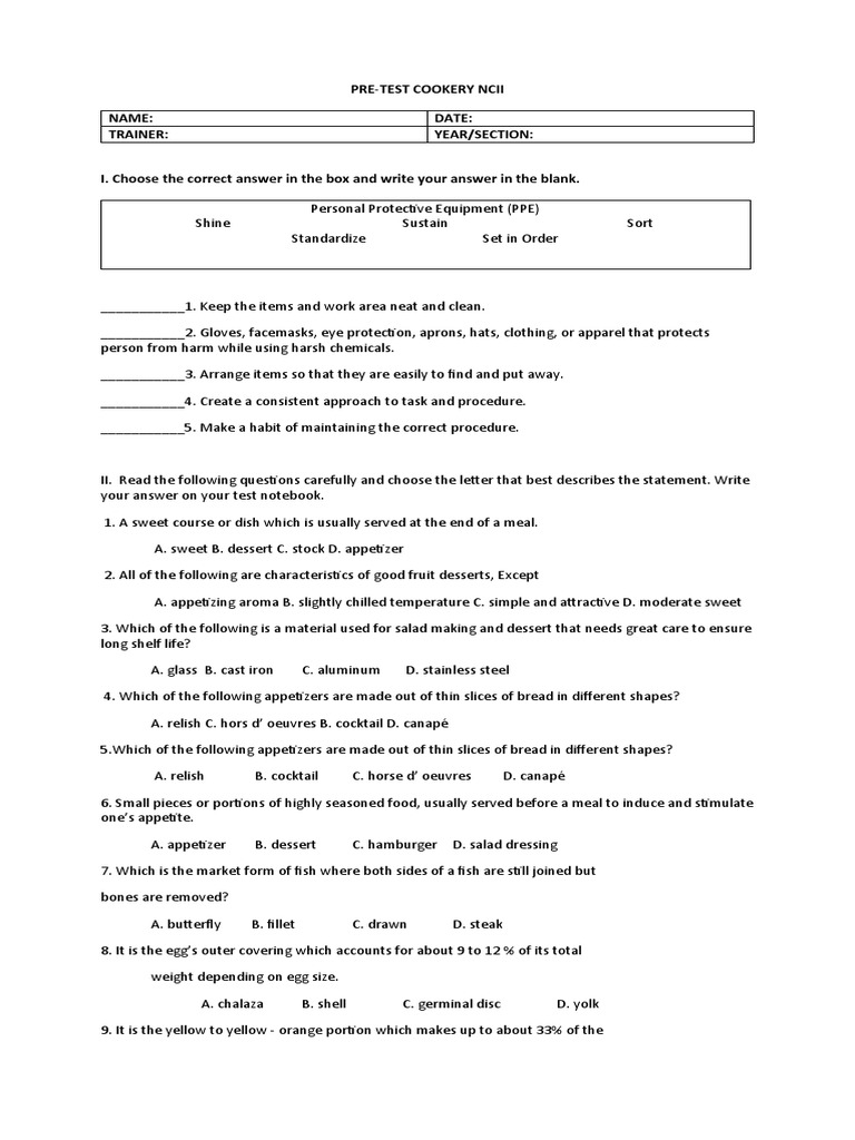 Pre Test Cookery | PDF
