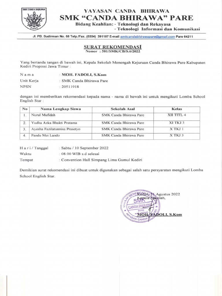 Surat Rekomendasi Lomba School English Star SMK CB Pare | PDF