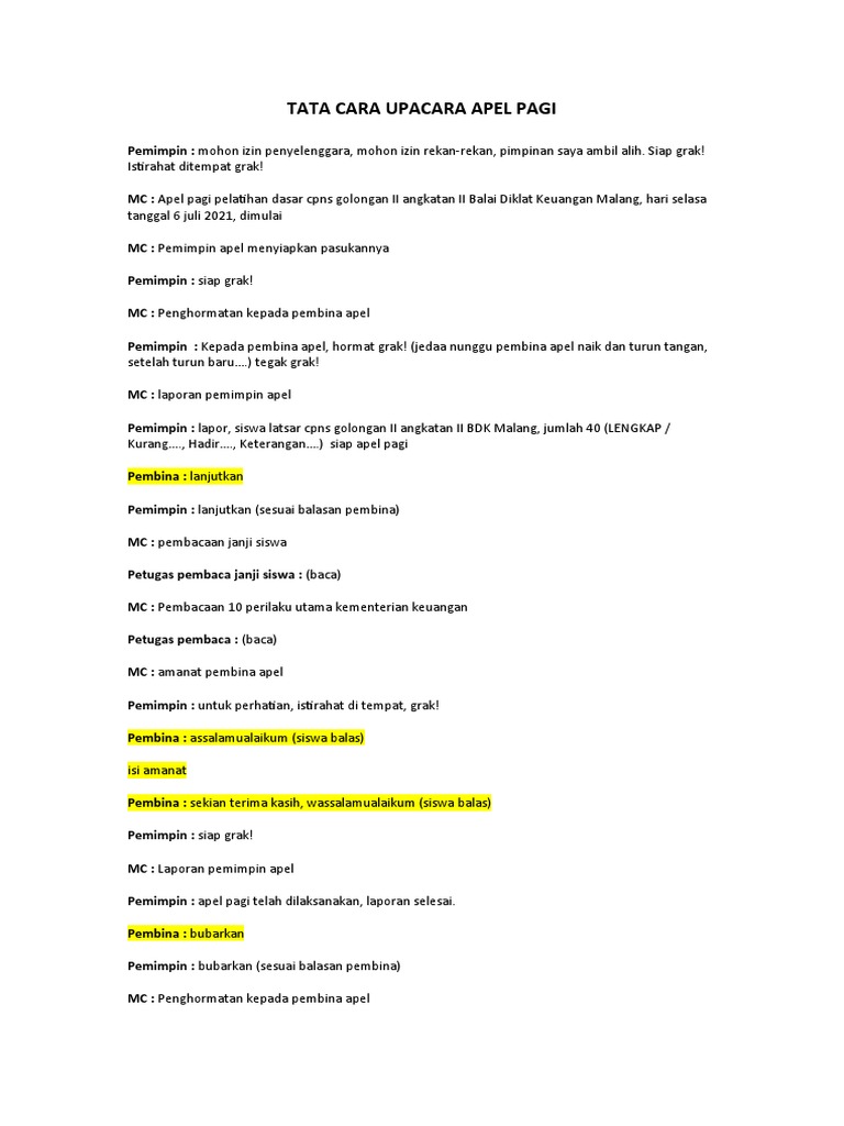 Tata Cara Upacara Apel Pagi, Apel Sore, Laporan Kegiatan Mulai Dan Selesai Latsar 2021 MLG | PDF