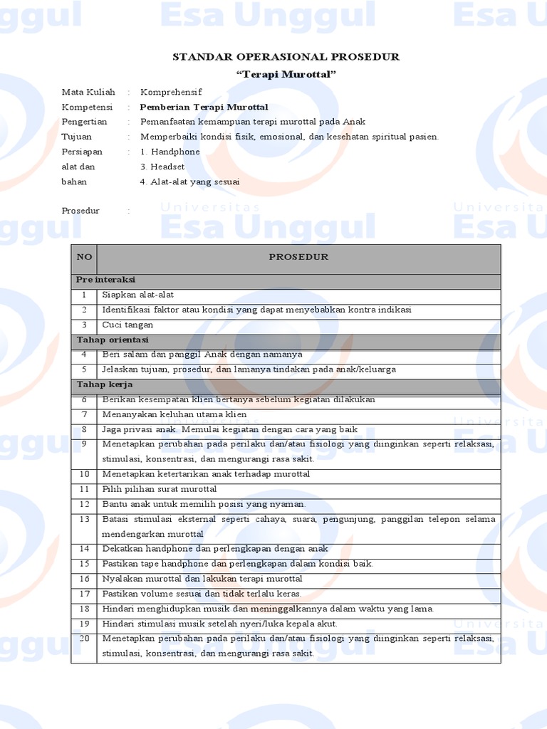 Standar Operasional Prosedur "Terapi Murottal": NO Prosedur Pre Interaksi | PDF | Kesehatan Holistik