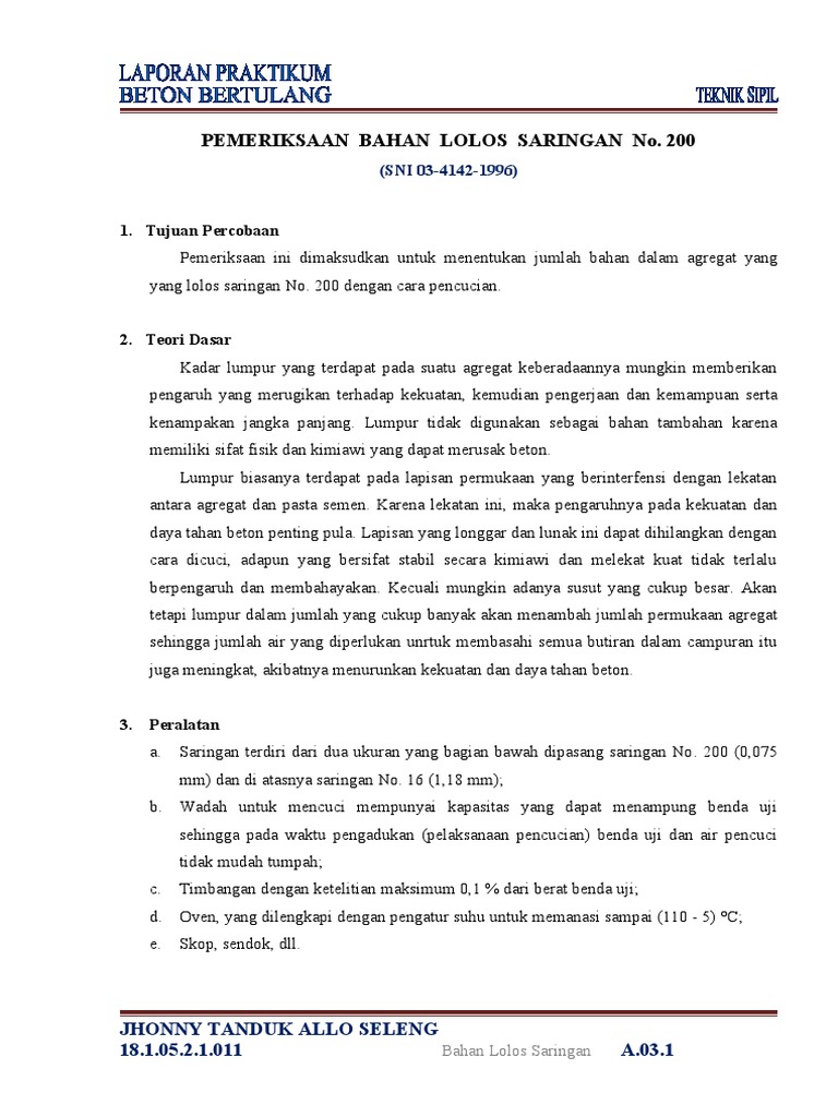 Pemeriksaan Kadar Lumpur Agregat SNI 200 | PDF