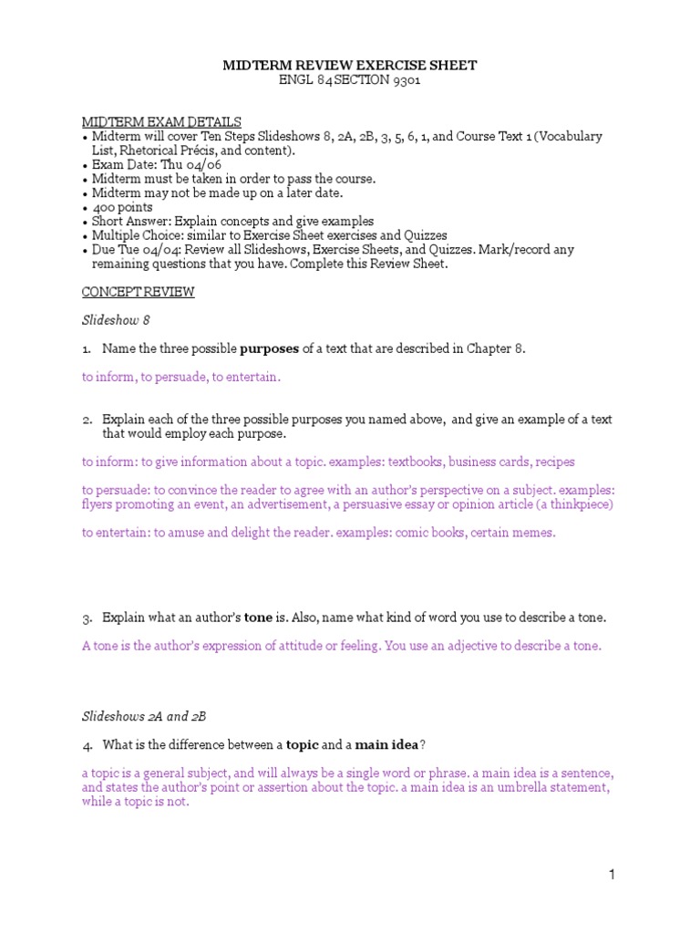 Midterm Review Exercise Sheet 9301 Answers 1 | Download Free PDF | Part Of Speech | Venus