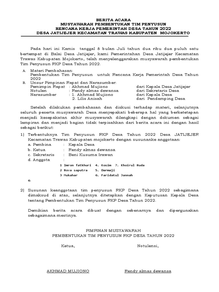BA. Pembentukan Tim Penyusun RKP Desa 2022 | PDF