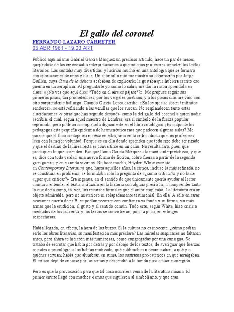 El Gallo Del Coronel Lazaro Carreter | PDF