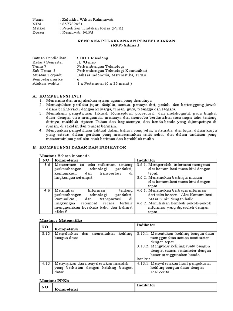 RPP Siklus 1 | PDF | Karier & Perkembangan
